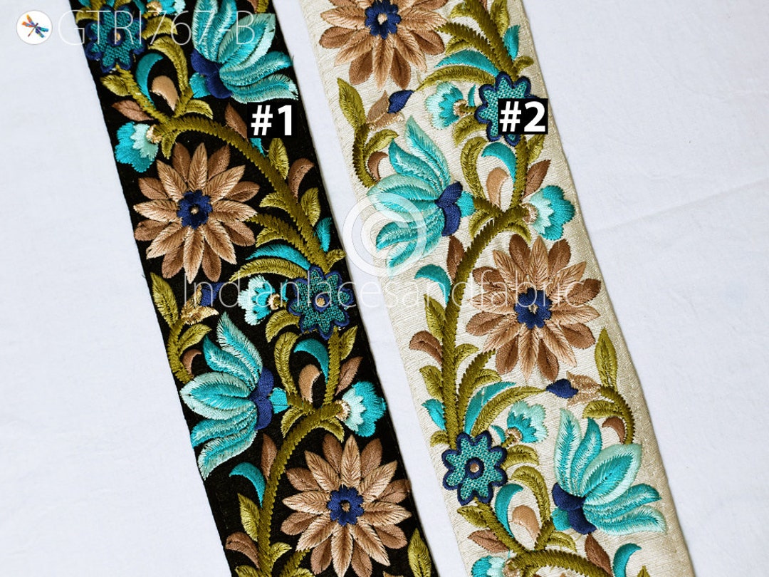 3 Yard Blue Embroidered Fabric Trim Floral Indian Sari Border DIY Crafting Saree Sewing ...