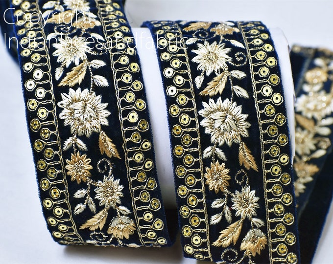 Blue Embroidered Velvet Fabric Trim by the Yard Trimmings - Etsy