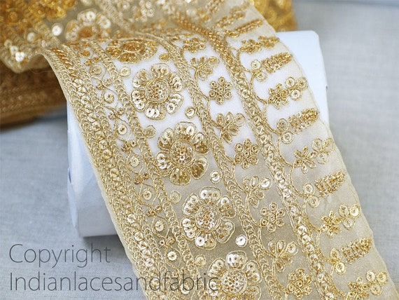 Notions Embellishments Gold Sequins Lace Embroidered Trimmings Indian Sari Border Saree Scallop ...