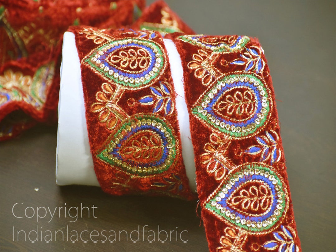 Embroidered Saree Red Velvet Trim by 3 Yard Indian Decorative Fabric ...