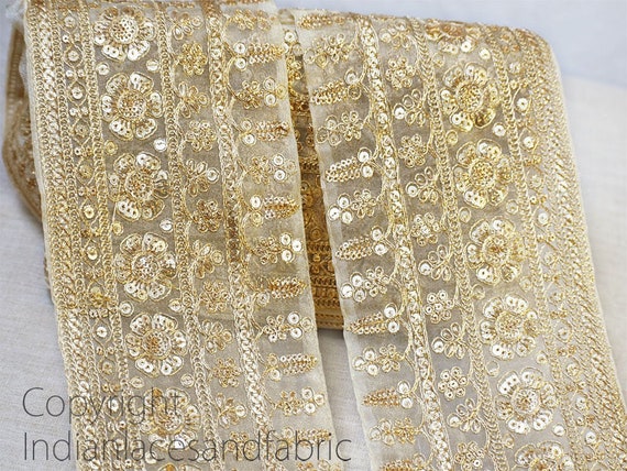 Notions Embellishments Gold Sequins Lace Embroidered Trimmings Indian Sari Border Saree Scallop ...