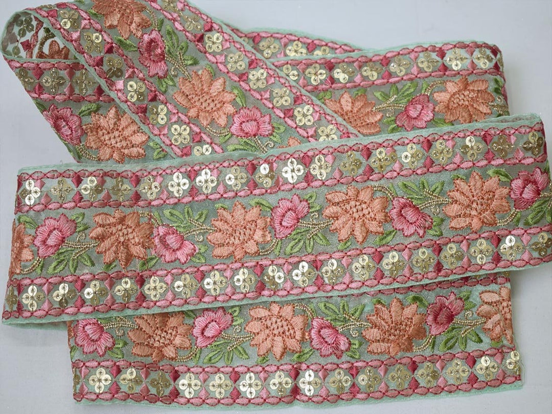 3 Yard Mint Green Embroidery Fabric Trim and Embellishment Indian Laces ...