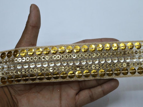 Notions Embellishments Gold Sequins Lace Embroidered Trimmings Indian Sari Border Saree Scallop ...