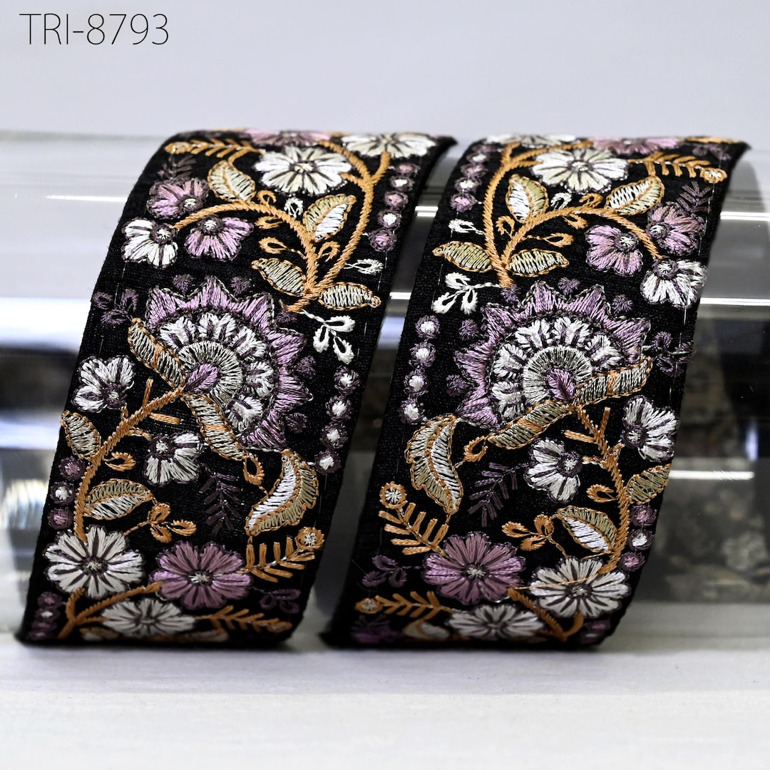 9 Yard Black 48mm Indian Embroidery Border Floral Embroidered Fabric ...