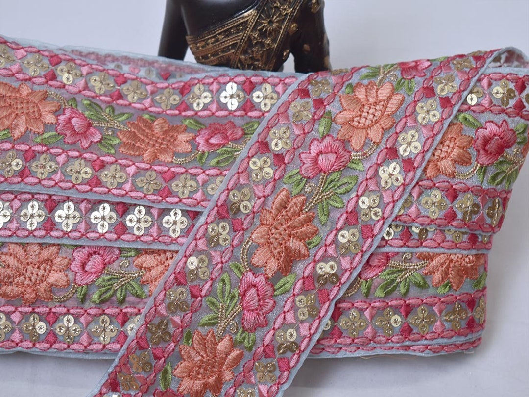 3 Yard Grey Embroidery Floral Fabric Lace Embellishment Indian Trim ...