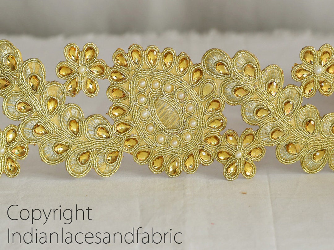 Indian Laces Embellishment Trim by 3 Yard Saree Border Beaded Dull Gold ...