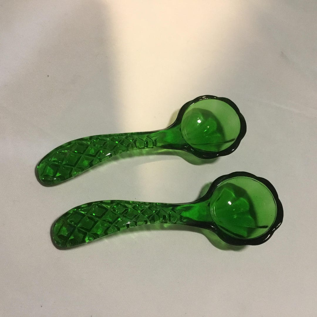 2 Green Glass Condiment Spoons - Etsy
