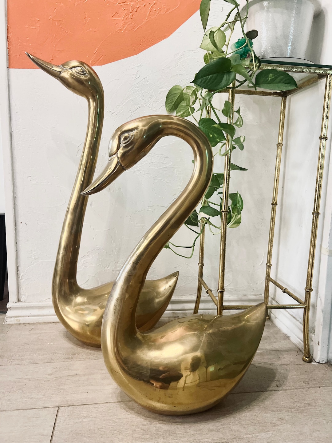XL Brass Swans 28” and 21” Tall Hollywood Regency Brass Birds Mcm Brass ...