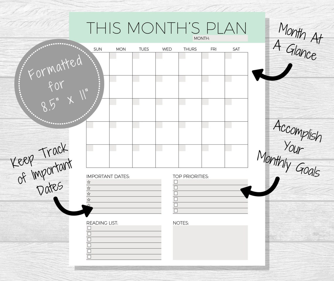 Undated Monthly Planner Printable Monthly Calendar - Etsy