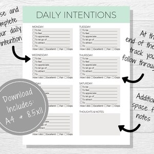 Daily Intentions Printable, Daily Affirmations, Daily Goal Worksheet ...