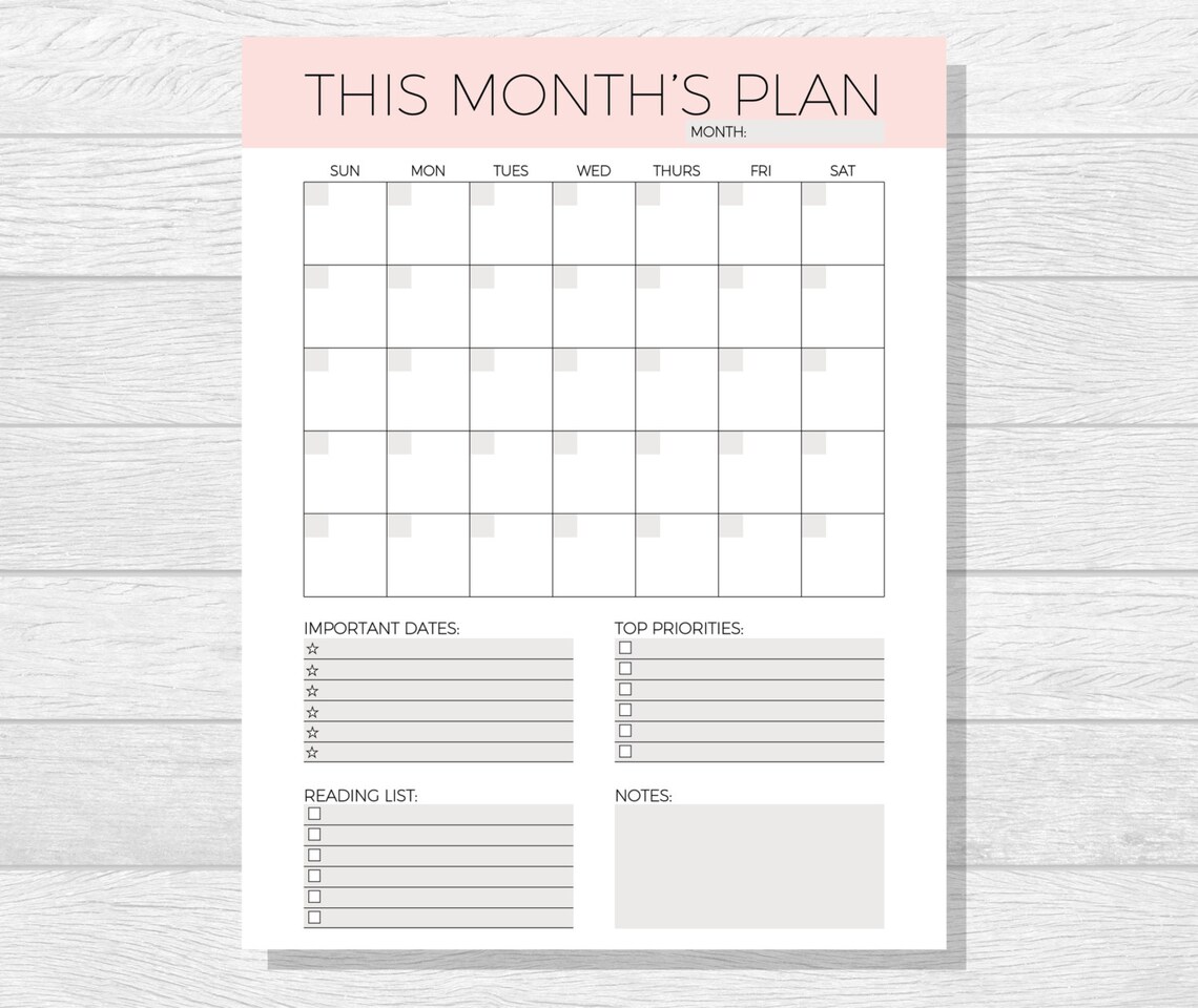 Undated Monthly Planner Printable Monthly Calendar - Etsy