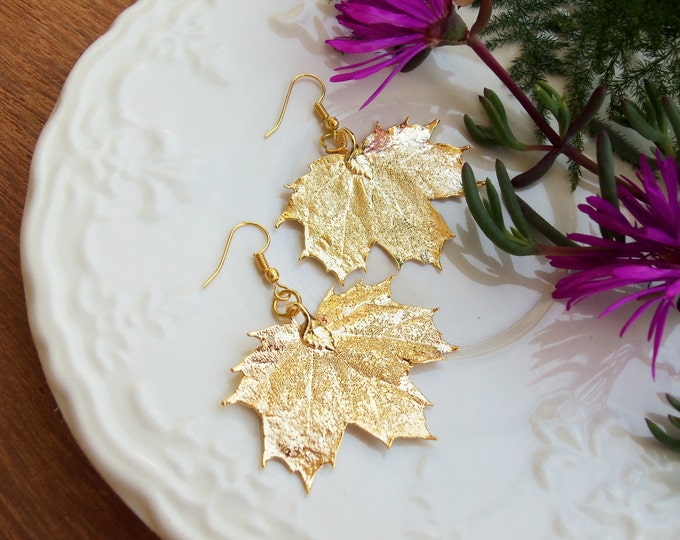 Small Sugar Maple Earrings, Real Leaf Gold Dipped Earrings, Gold Plated ...