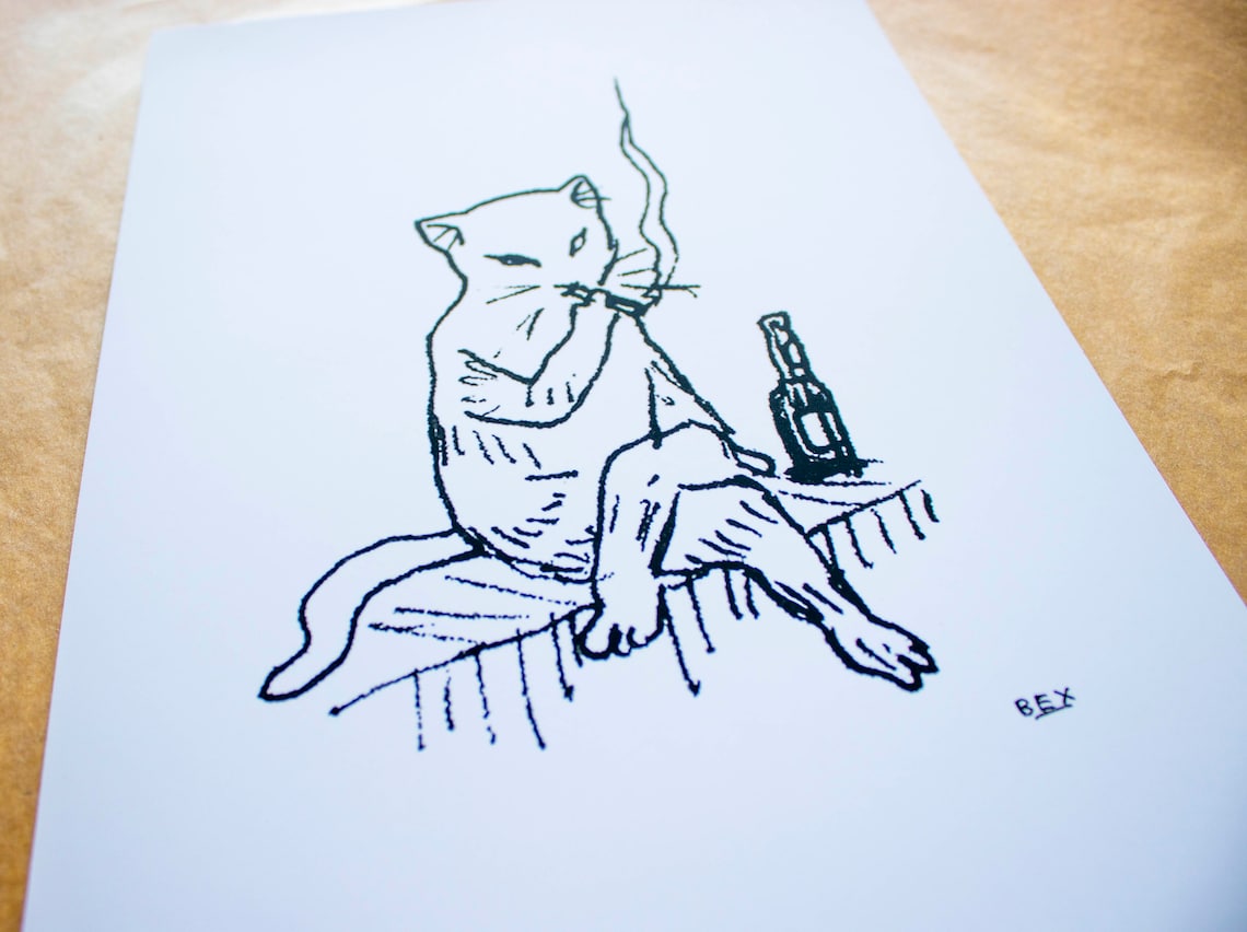 Smoking Cat Print A4 Illustration Wall Art Line Drawing | Etsy