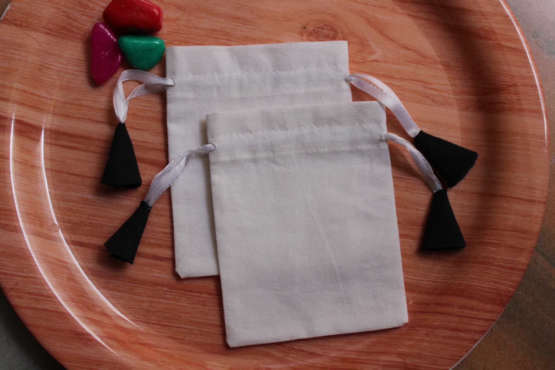 100 Drawstring White Cotton Pouches Satin Ribbon With Black | Etsy