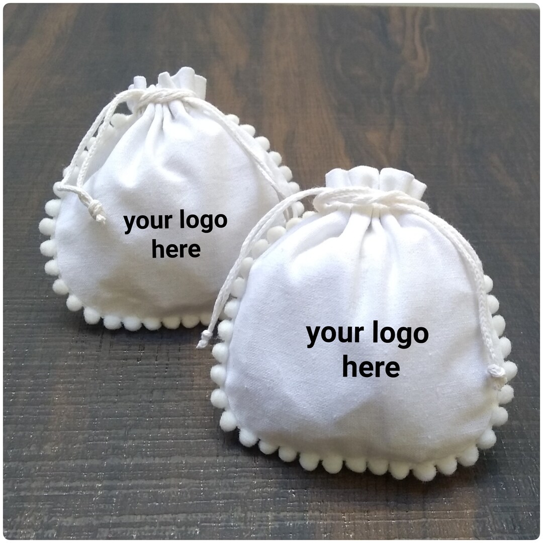 Set of 100 White Cotton Drawstring Bags: Custom Logo, Pom Pom Pouch - Etsy