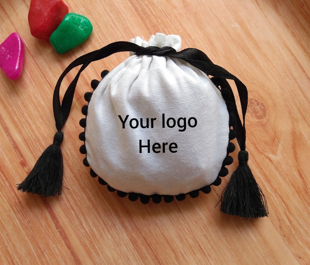 100 Cotton Drawstring Jewelry Pouch: White Gift Bag With Black Satin ...