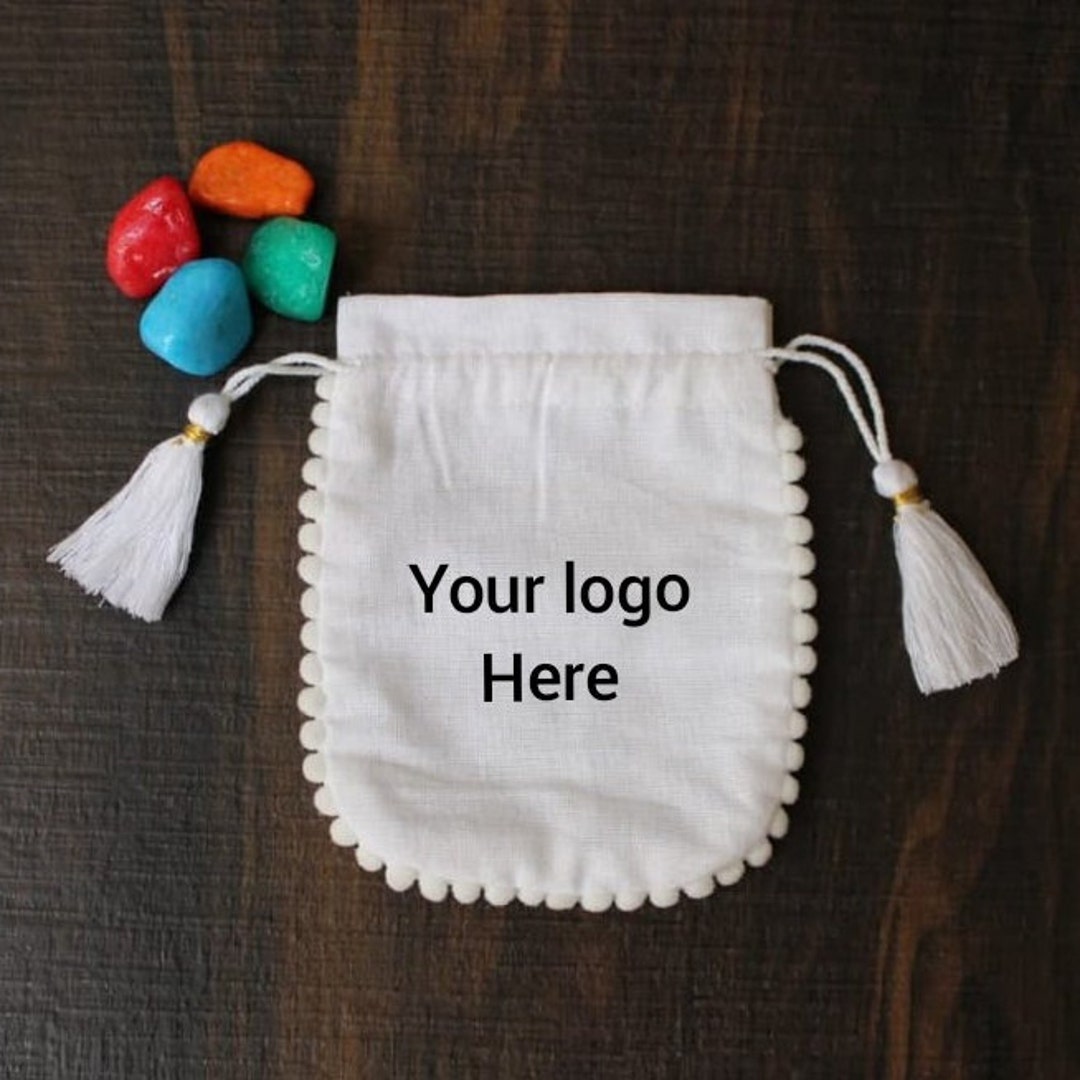 100 Custom White Drawstring Cotton Round Pompom Pouches, Jewelry Gift ...