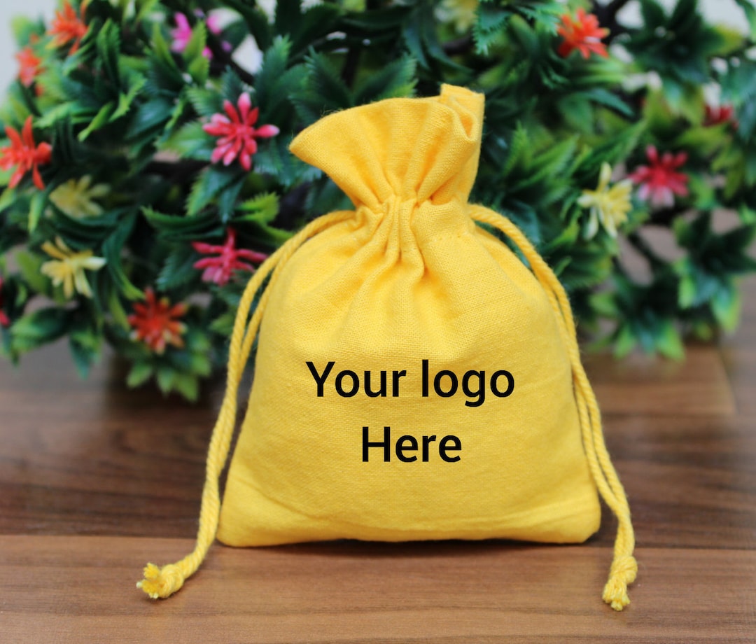 Set of 100 Yellow Cotton Drawstring Pouches: Custom Logo Jewelry Gift ...