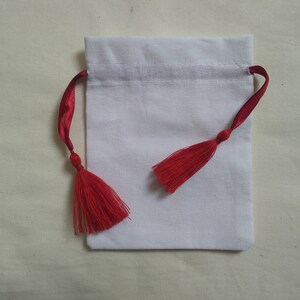 100 White Drawstring Cotton Pouch Red Satan Ribbon With Red Tassel ...