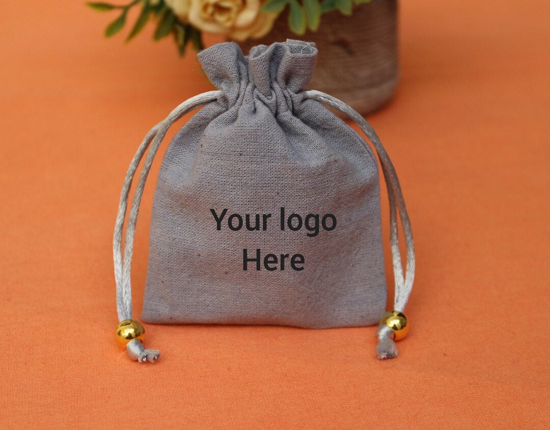 100 Personalized Drawstring Grey Cotton Fabric Pouches, Jewelry Gift ...