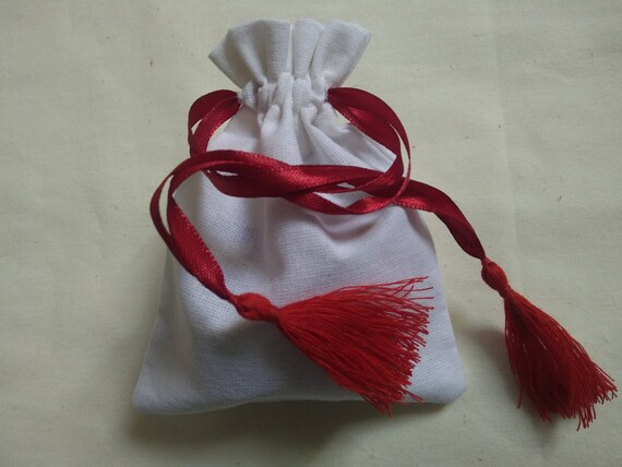 100 White drawstring cotton pouch red satan ribbon with red | Etsy