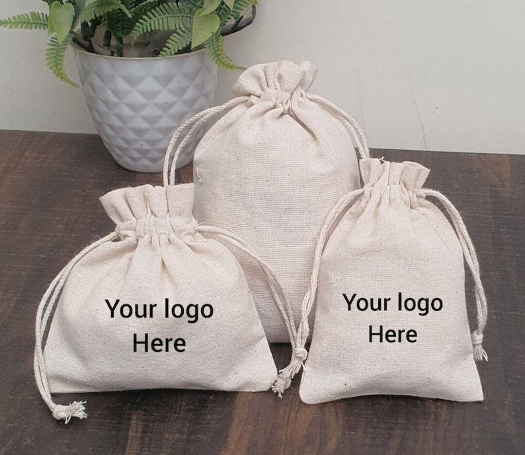 100 Natural Cotton Drawstring Bags, Custom Logo Bags, Beige Cotton Bags ...