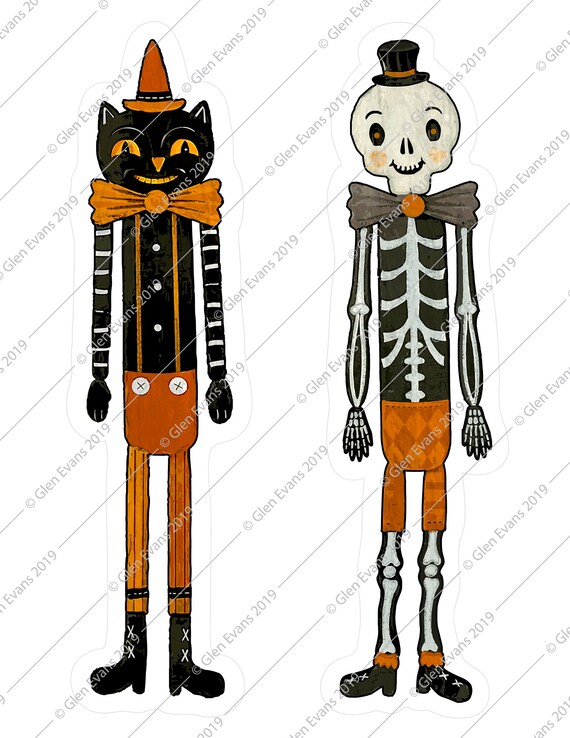 Instant Download Vintage Halloween Skeleton and Black Cat Tall - Etsy