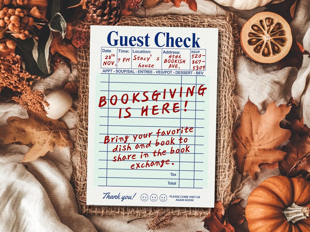 Booksgiving Invite Template Guest Check Editable Canva Fall Book Club ...