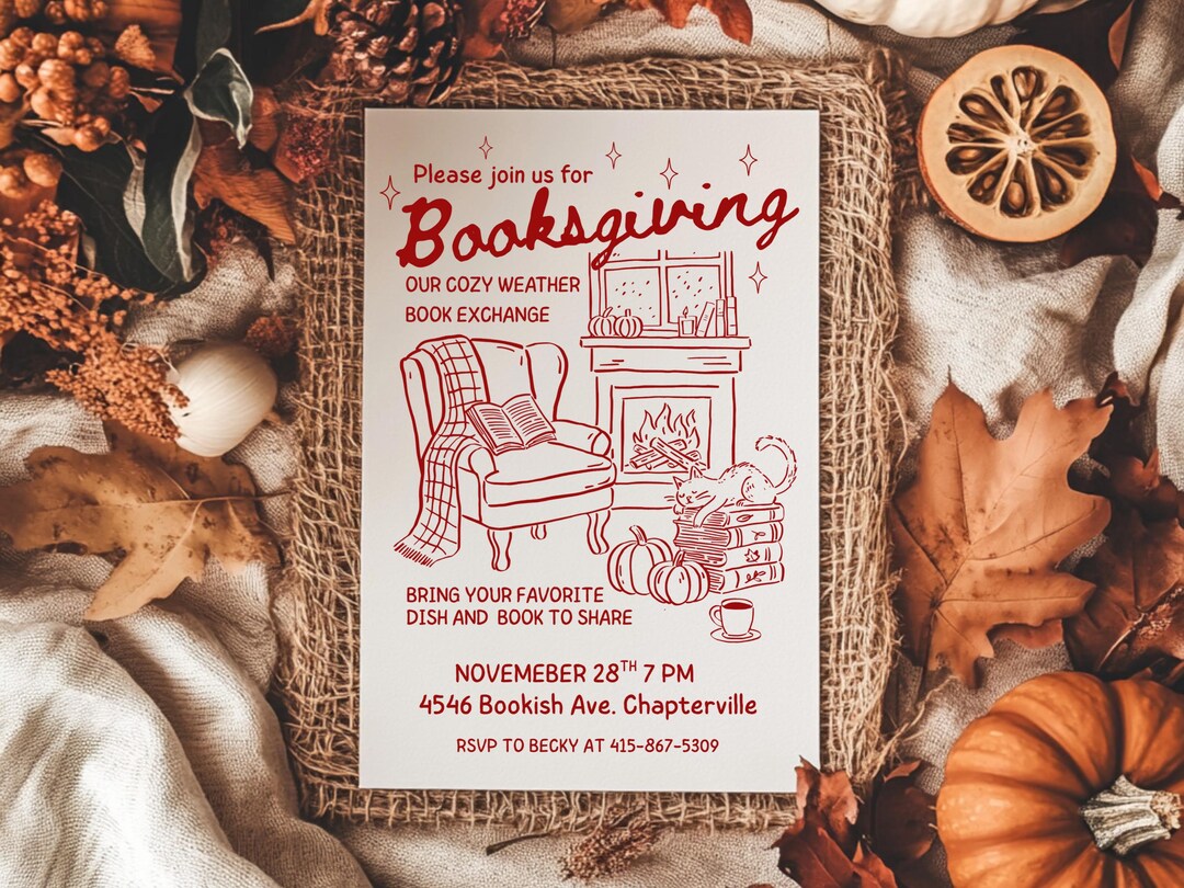 Booksgiving Invitation Template Editable Canva Fall Book Exchange Book ...