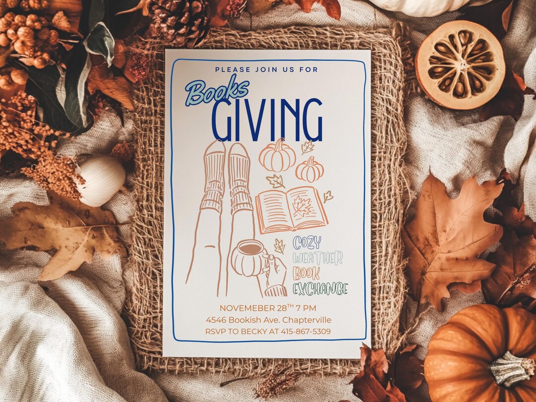 Booksgiving Invitation Canva Template Fall Book Exchange Invite Cozy ...