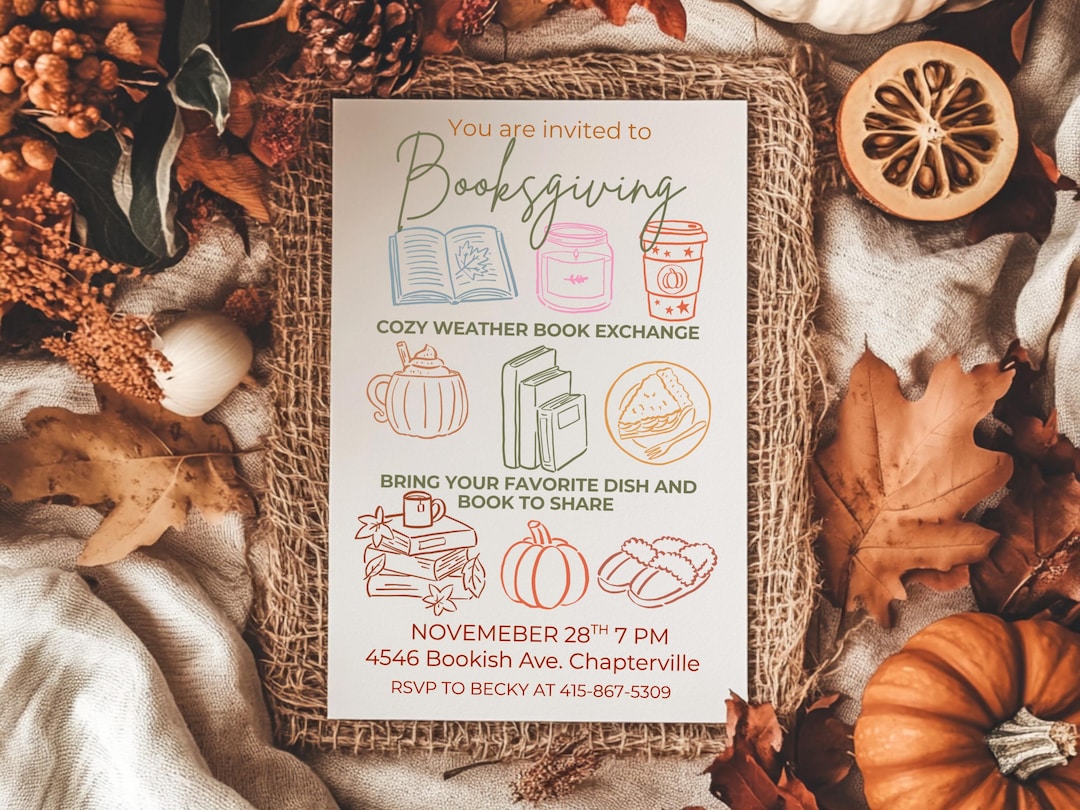 Friendsgiving Book Swap Invitation Template Canva Booksgiving Fall Book ...