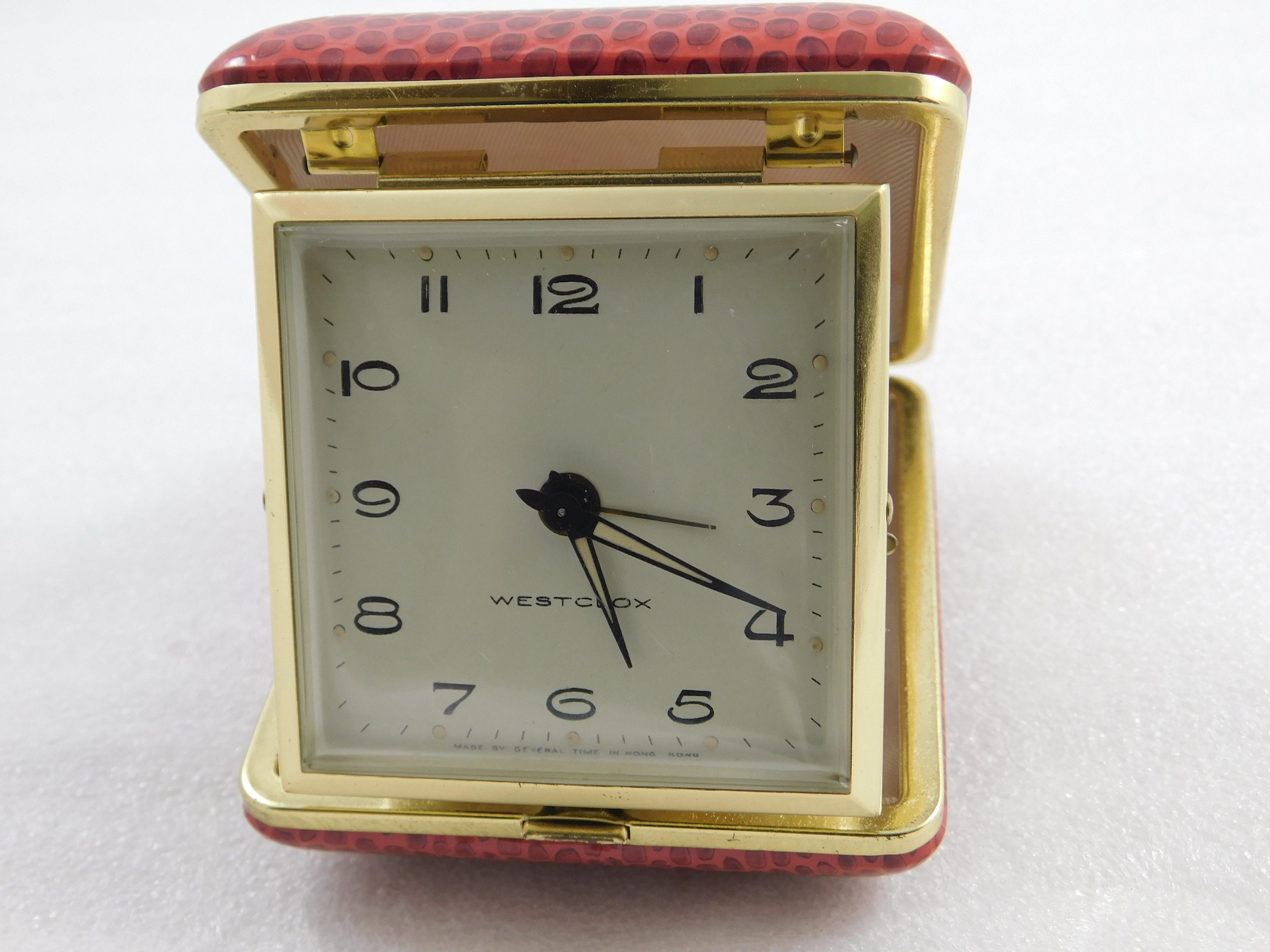 Home Décor Vintage Chinese Westclox gold metal cased travel fold up ...