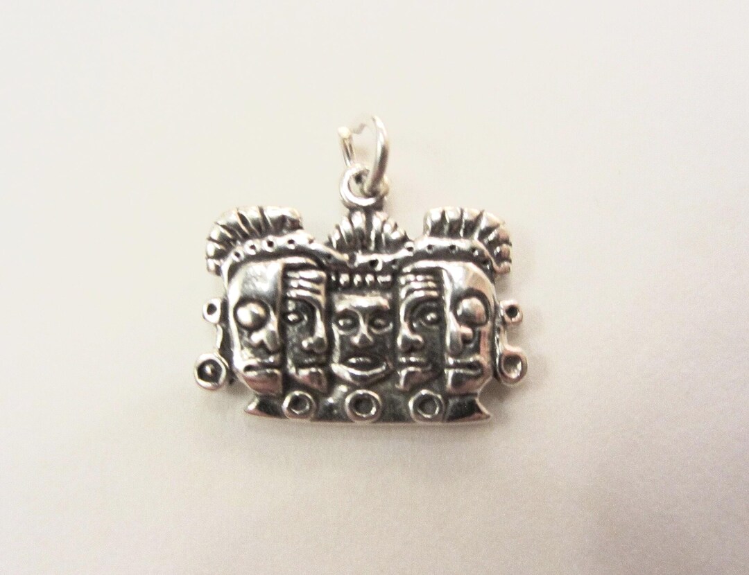 New Sterling Silver 2D Mayan Rebirth Religious Mask Charm Pendant - 2. ...