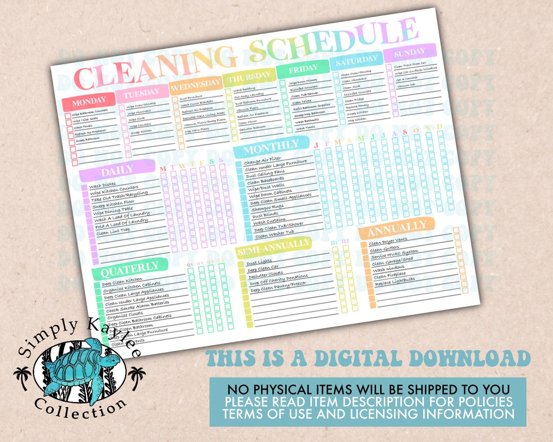 Printable Cleaning Schedule: Task Checklist, Daily, Weekly, Monthly ...
