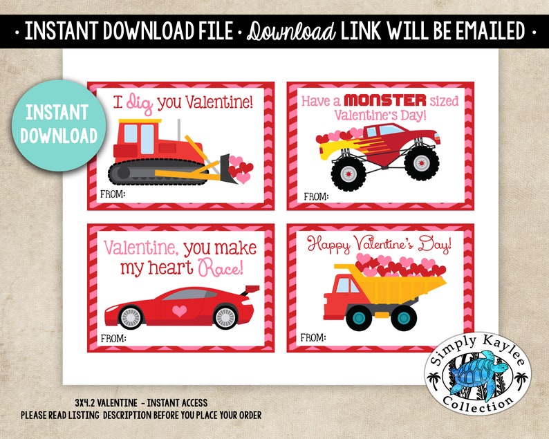 Transportation Valentine's Day Cards: Cars, Trucks, School Bus (digital ...