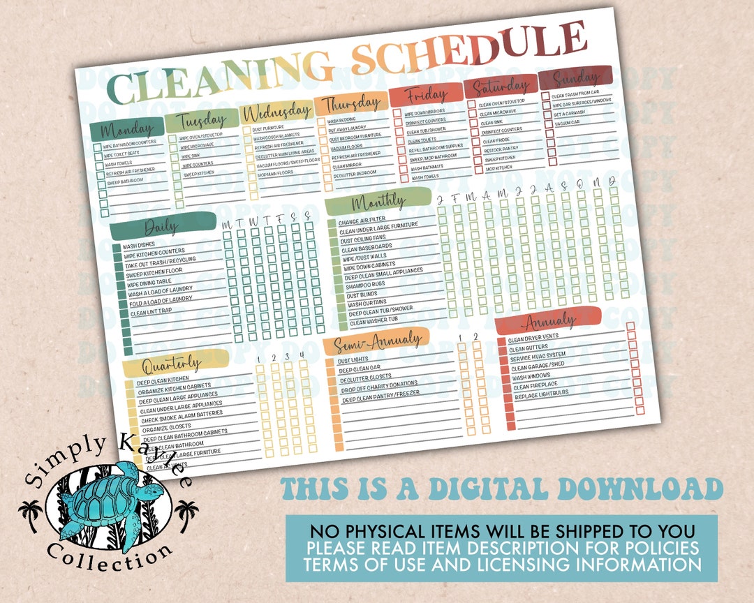 Printable Cleaning Schedule: Task Checklist, Home Organization (PDF) - Etsy