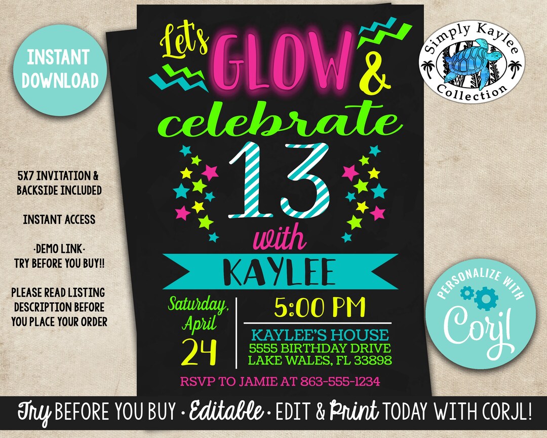 Neon Glow Double Digits Birthday Invitation Glow in the Dark - Etsy