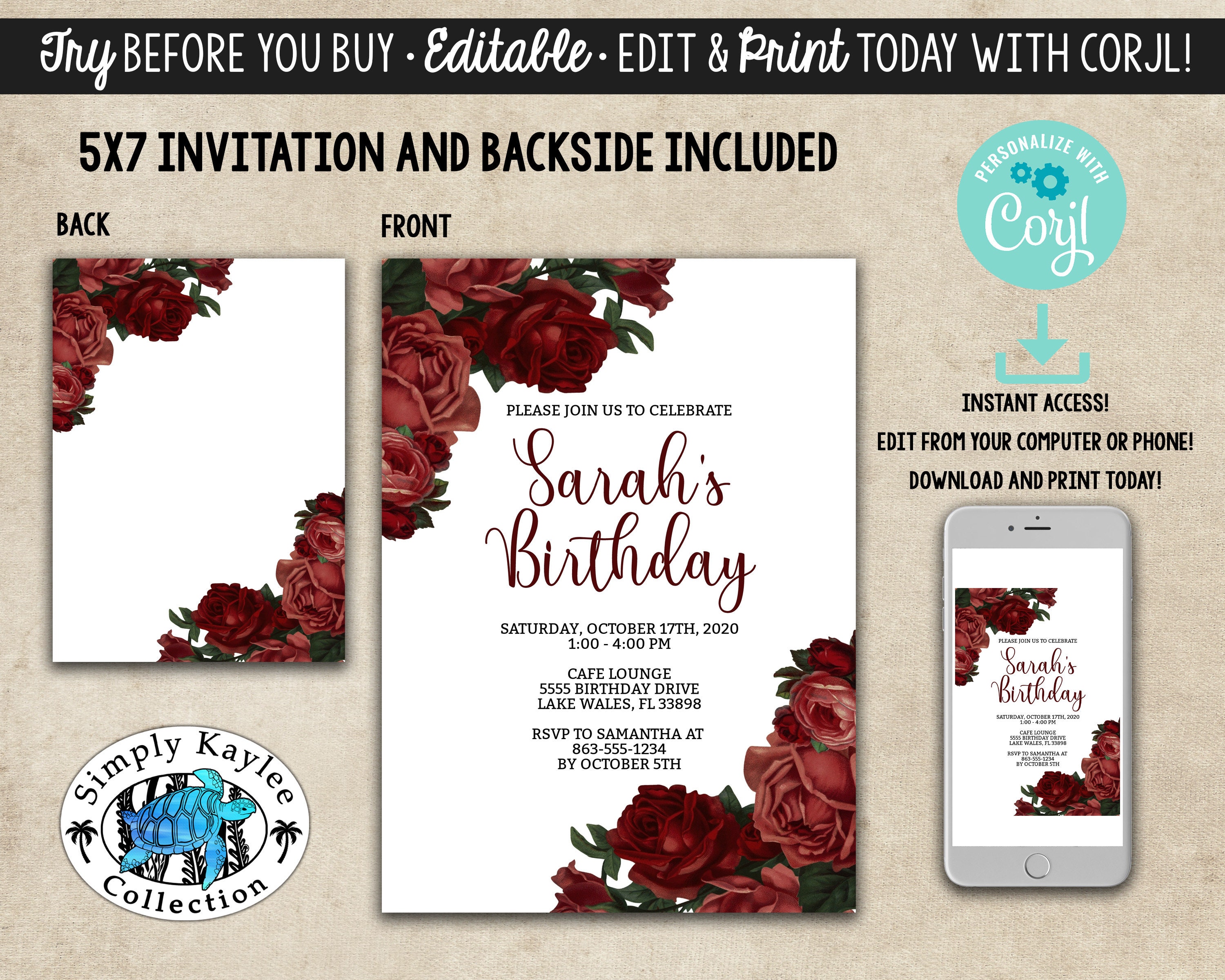 Red Roses Birthday Invitations Floral Birthday Invitation | Etsy