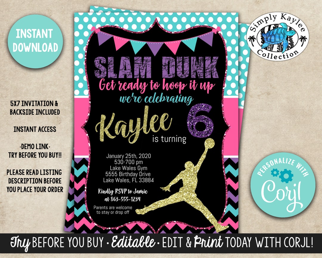 Girl's Basketball Birthday Invitation, Girls Sports Invitation, Sporty ...