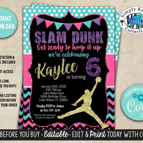 Girl's Basketball Birthday Invitation Girls Sports - Etsy