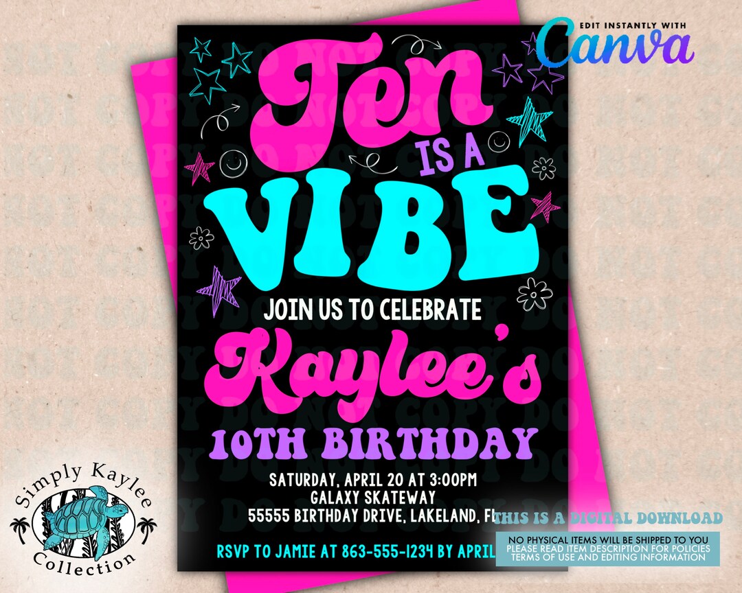 Double Digits Birthday Invitation - Glow Party 10th Birthday Invitation ...