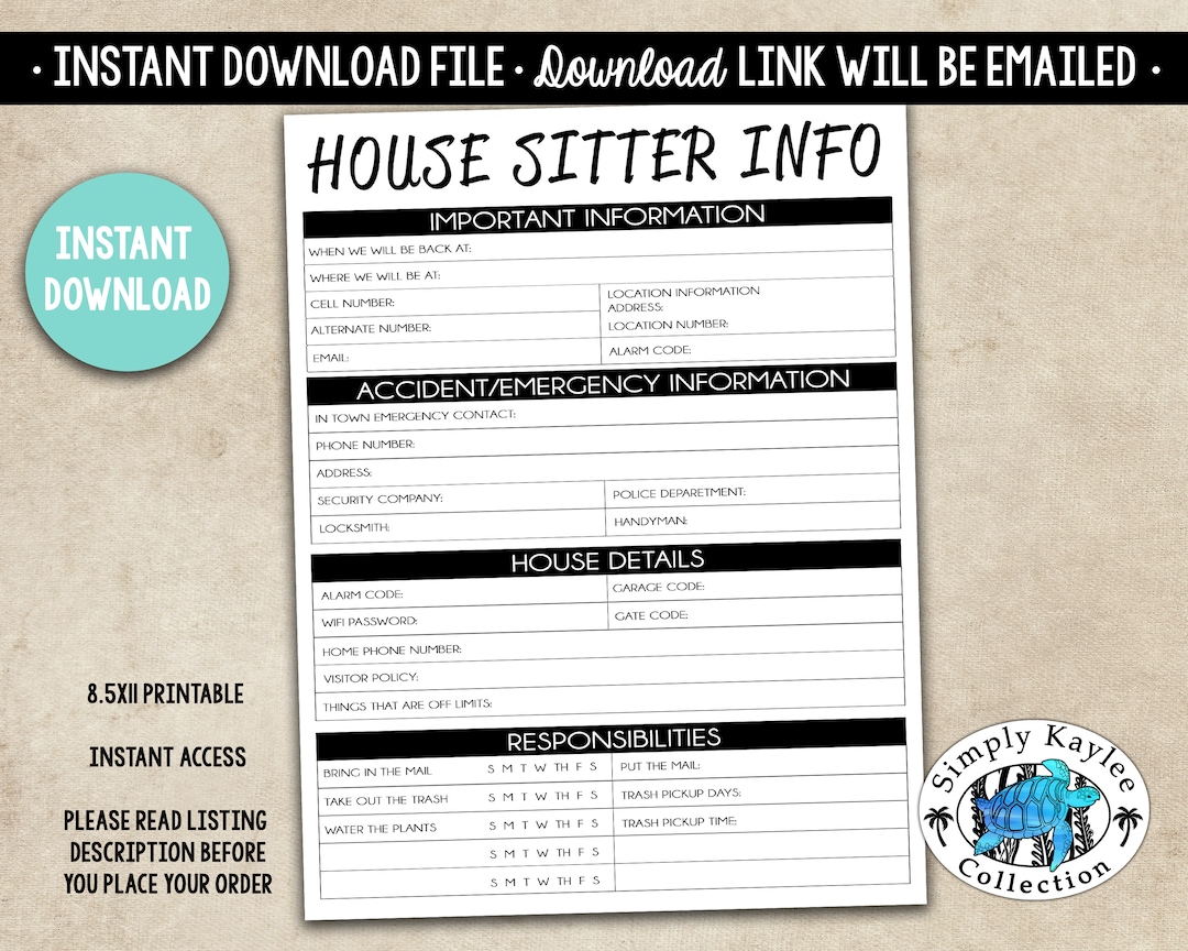 House Sitter Information Printable: Sitter Instructions (PDF, JPEG) - Etsy