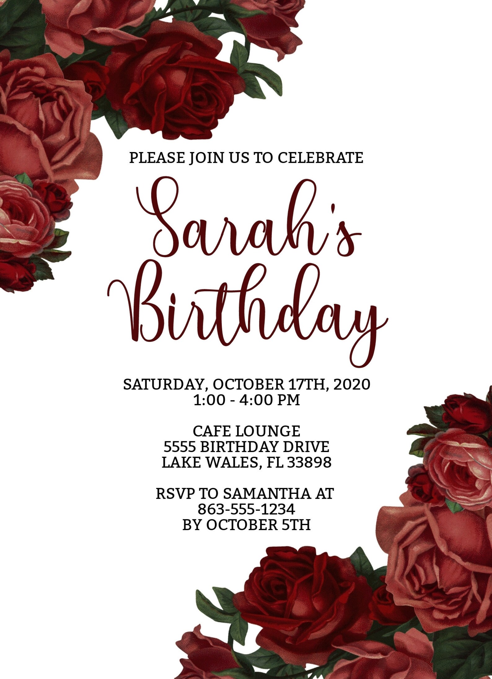 Red Roses Birthday Invitations Floral Birthday Invitation | Etsy