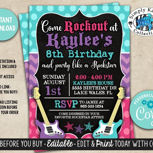 Rock Star Invitation Rock and Roll Party Rock Star - Etsy