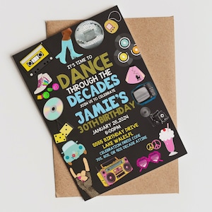 Dance Through the Decades Birthday Invitation - Decade Dance Birthday ...