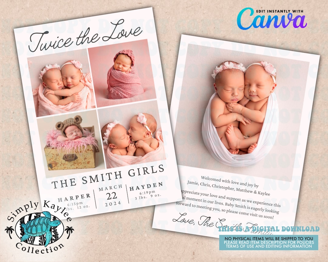 Twins Birth Announcement Photo Template: Modern Minimalist Card ...