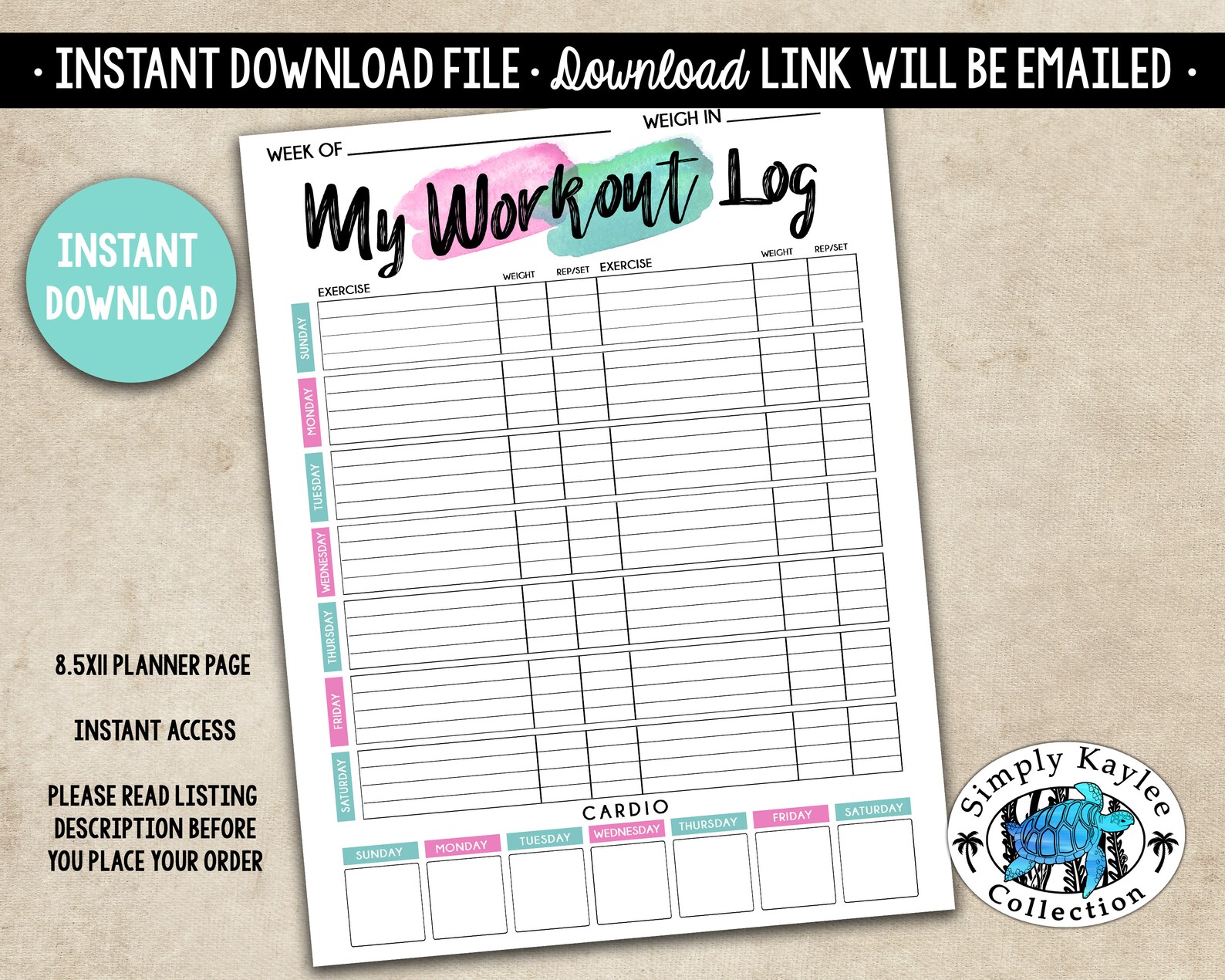 Printable Workout Log Exercise Log Activity Tracker | Etsy