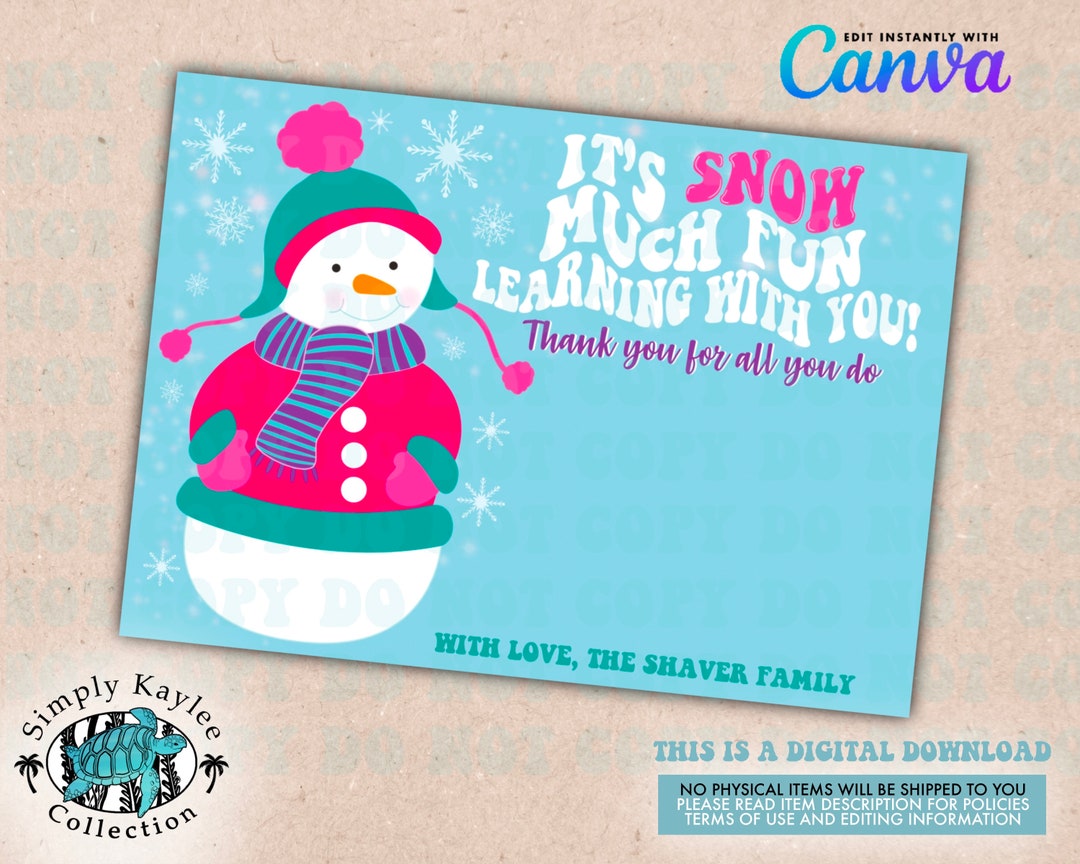 Snowman Teacher Gift Card Holder, Printable Christmas Thank You ...
