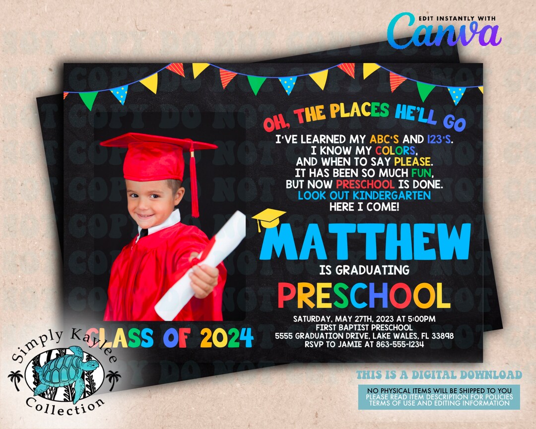 Editable School Graduation Invitation: Preschool, Kindergarten (digital ...