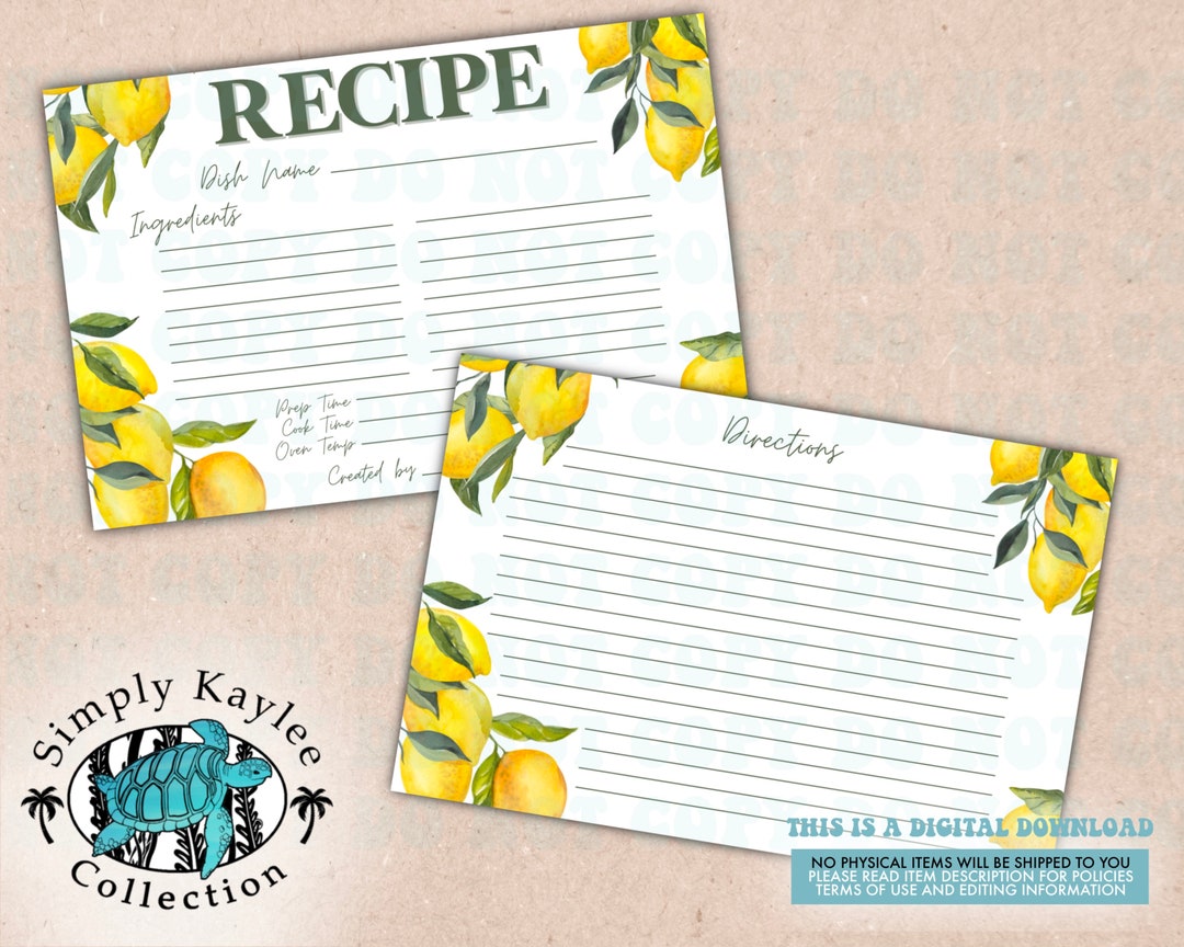 Lemon Recipe Card, Recipe Exchange Card, Digital Recipe Card, Citrus ...